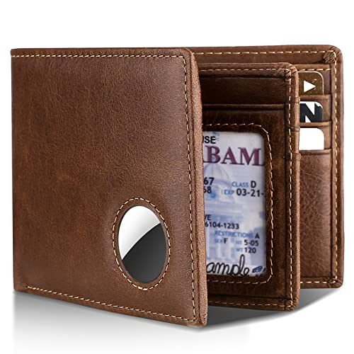 Swallowmall AirTag Wallet Men RFID Blocking Genuine Leather Bifold Mens Wallet For AirTag 1 ID Window 12 Card Holders Gift Box (Airtag Not included) (Classic, CoffeeBrown)