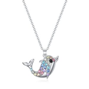 sumfan dolphin necklace gifts for girls women,rainbow crystal birthday gifts animal jewelry pendant daughter (cute dolphin necklace)