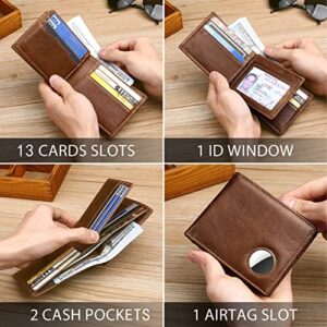 Swallowmall AirTag Wallet Men RFID Blocking Genuine Leather Bifold Mens Wallet For AirTag 1 ID Window 12 Card Holders Gift Box (Airtag Not included) (Classic, CoffeeBrown)