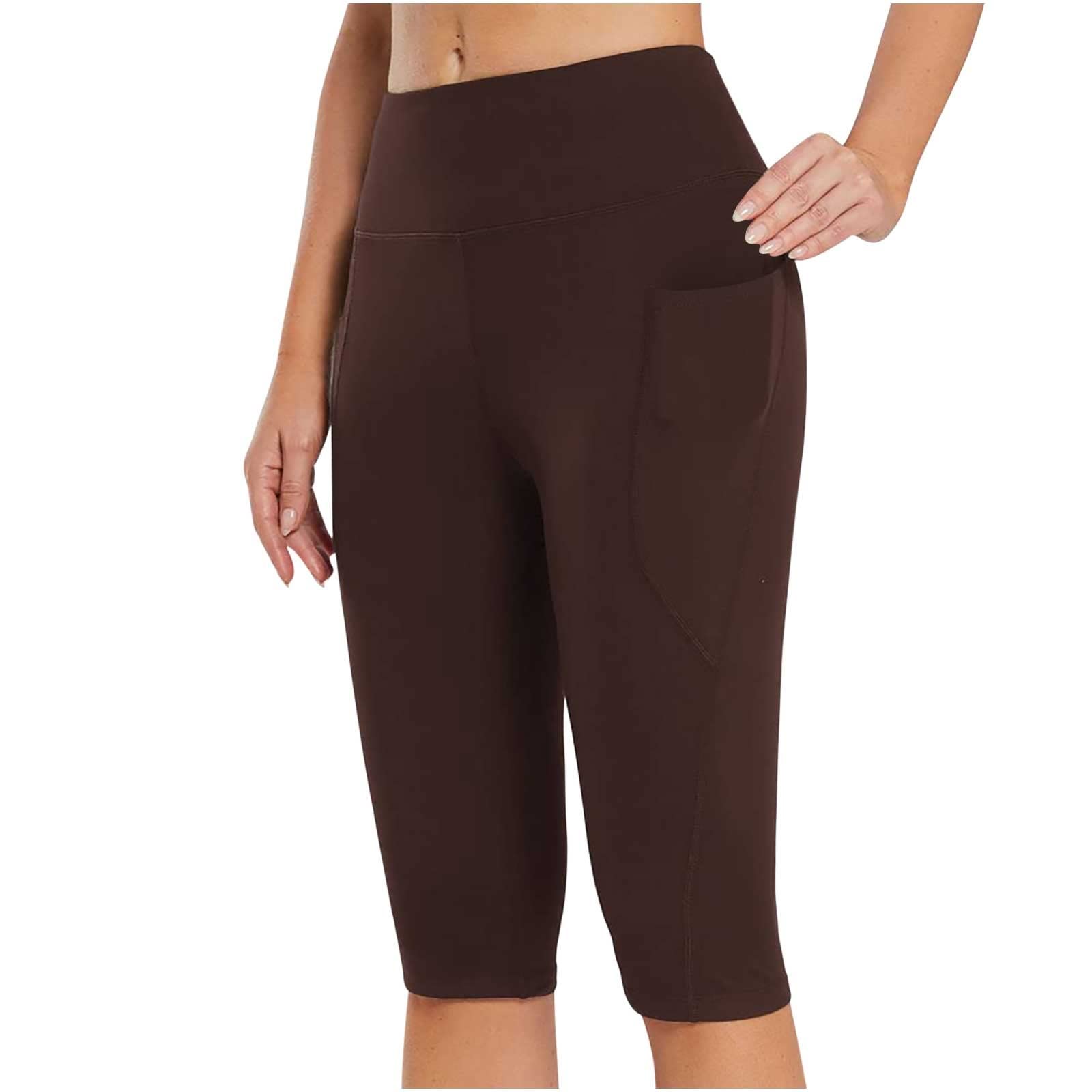 tuduoms High Waist Biker Short for Women Stretch Yoga Workout Capri Leggings Knee Length Cycling Capris Comfy Running Joggers Brown