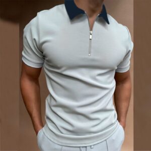 Mens Short Sleeve Shirts Casual Slim Fit Golf Polo Shirt Turn-Down Collar Zipper Quick Dry Active Tee Top(Grey,5X-Large)