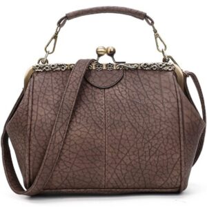 younxsl vintage hollow handbag for women leather shoulder bag evening clutch bag kiss lock closure crossbody bag purse brown