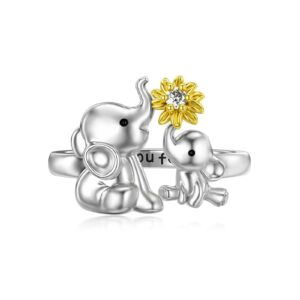 women elephant ring mother and child animal ring with sunflowers statement ring for mom (a, 7), stainless steel,rose gold,white,purple