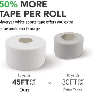 White Athletic Sports Tape 45ft-Very Strong Easy Tear NO Sticky Residue for Athlete & Medical Trainers & First Aid Injury Wrap,Perfect for Fingers Ankles Wrist on Bat, Hockey Stick (6 Rolls)