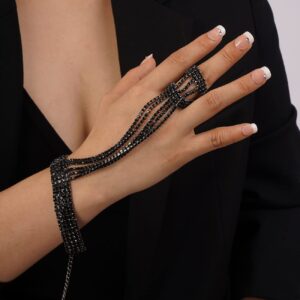 chargances black rhinestone hand chain finger ring bracelet crystal slave chain link harness bracelet for women and girls gift party wedding prom festival (black)