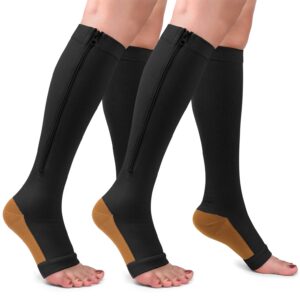 2 pairs copper zipper compression socks 15-20mmgh-calf knee high open toe support stocking compression stocking