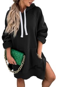 prettygarden women's casual pullover sweatshirt long sleeve split hem hoodie dress with kangaroo pocket (black,x-large)