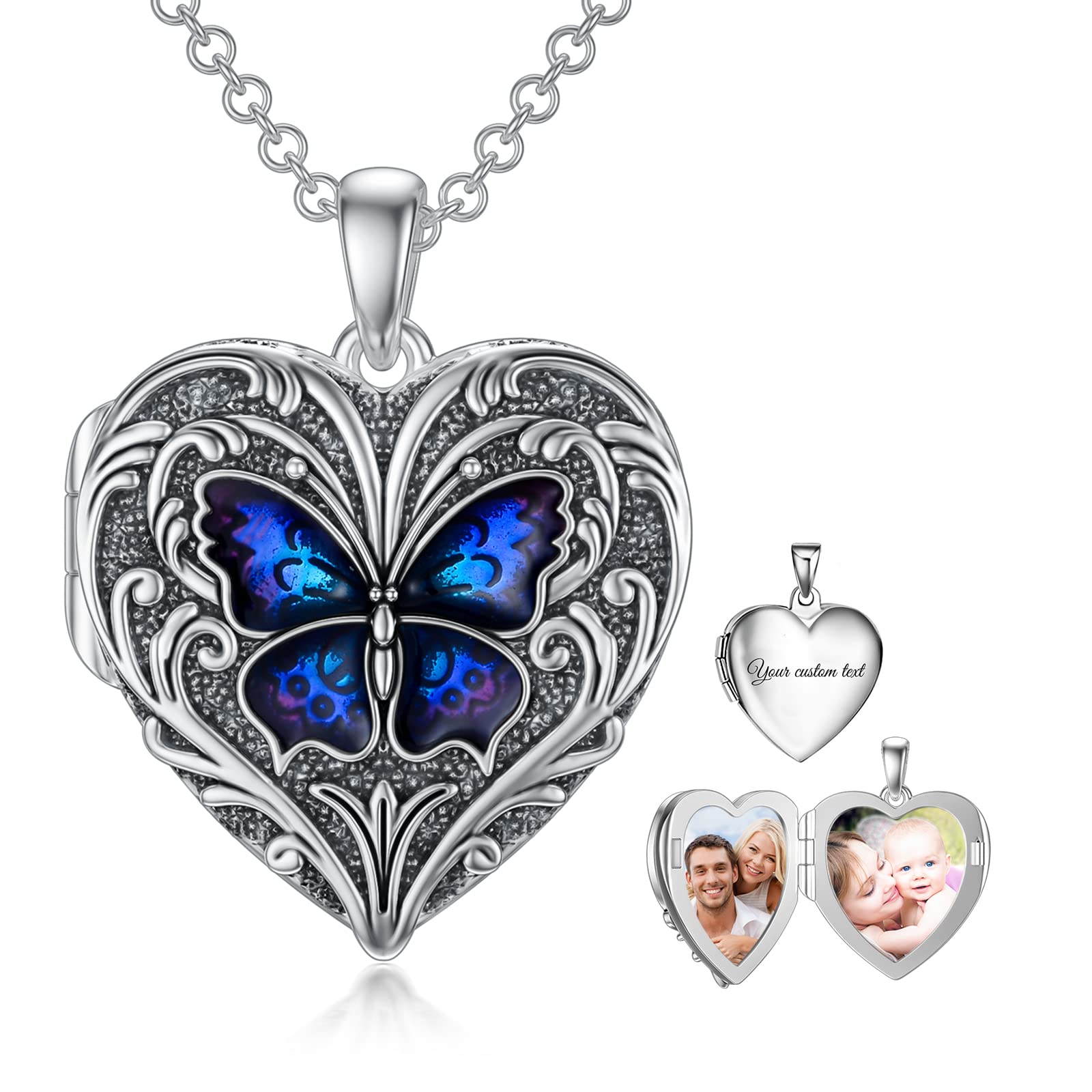 SOULMEET Personalized Beautiful Blue Morpho Butterfly Locket Necklace That Holds 2 Pictures Photo Sterling Silver Insect Locket (Custom photo & text)