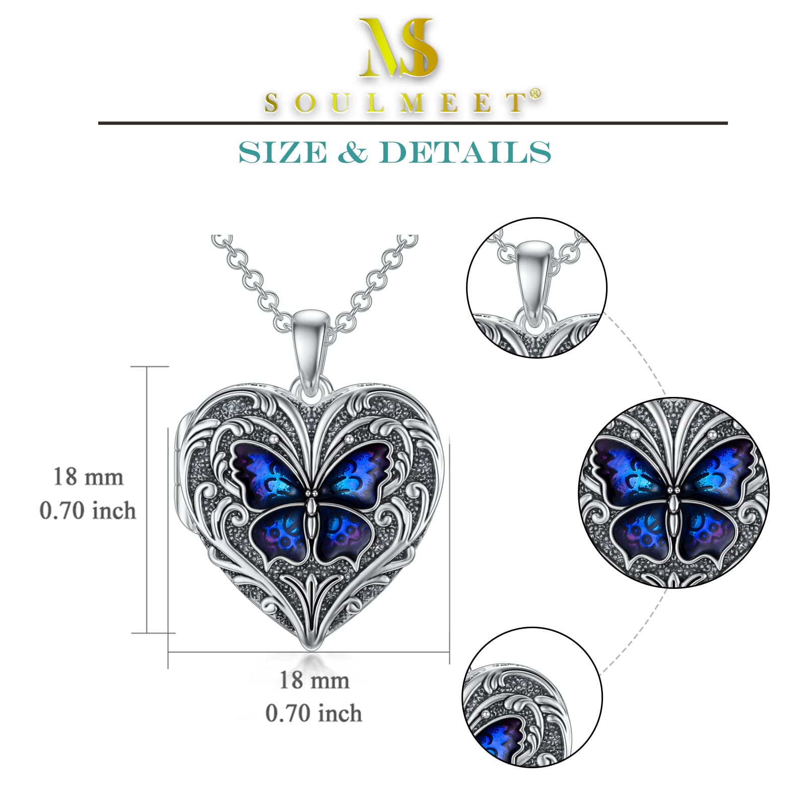 SOULMEET Personalized Beautiful Blue Morpho Butterfly Locket Necklace That Holds 2 Pictures Photo Sterling Silver Insect Locket (Custom photo & text)