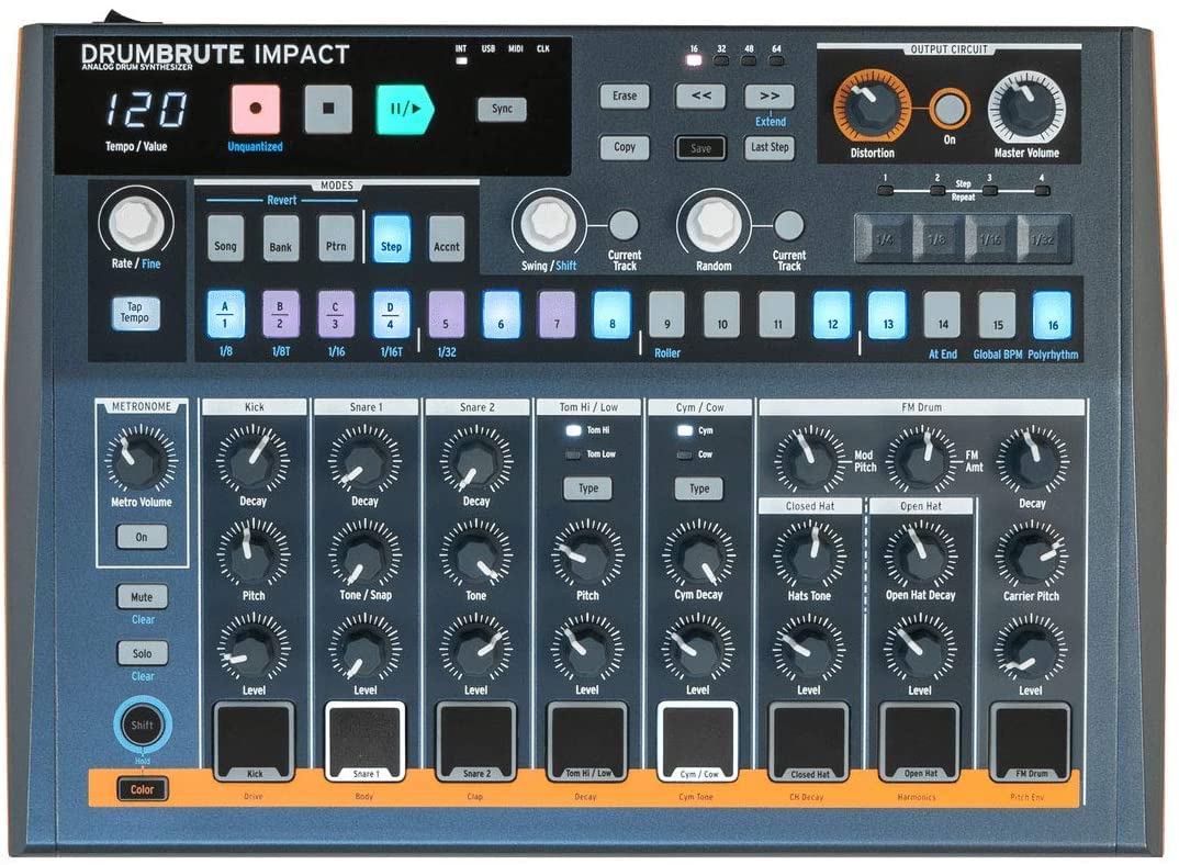 Arturia DrumBrute Impact Analog Drum Machine BUNDLE with 2x Pig Hog MIDI Cable 6ft, Power Supply, and Polishing Cloth - Beat Making Equipment with 10 Drum Sounds, 64 Patterns with 64 Steps