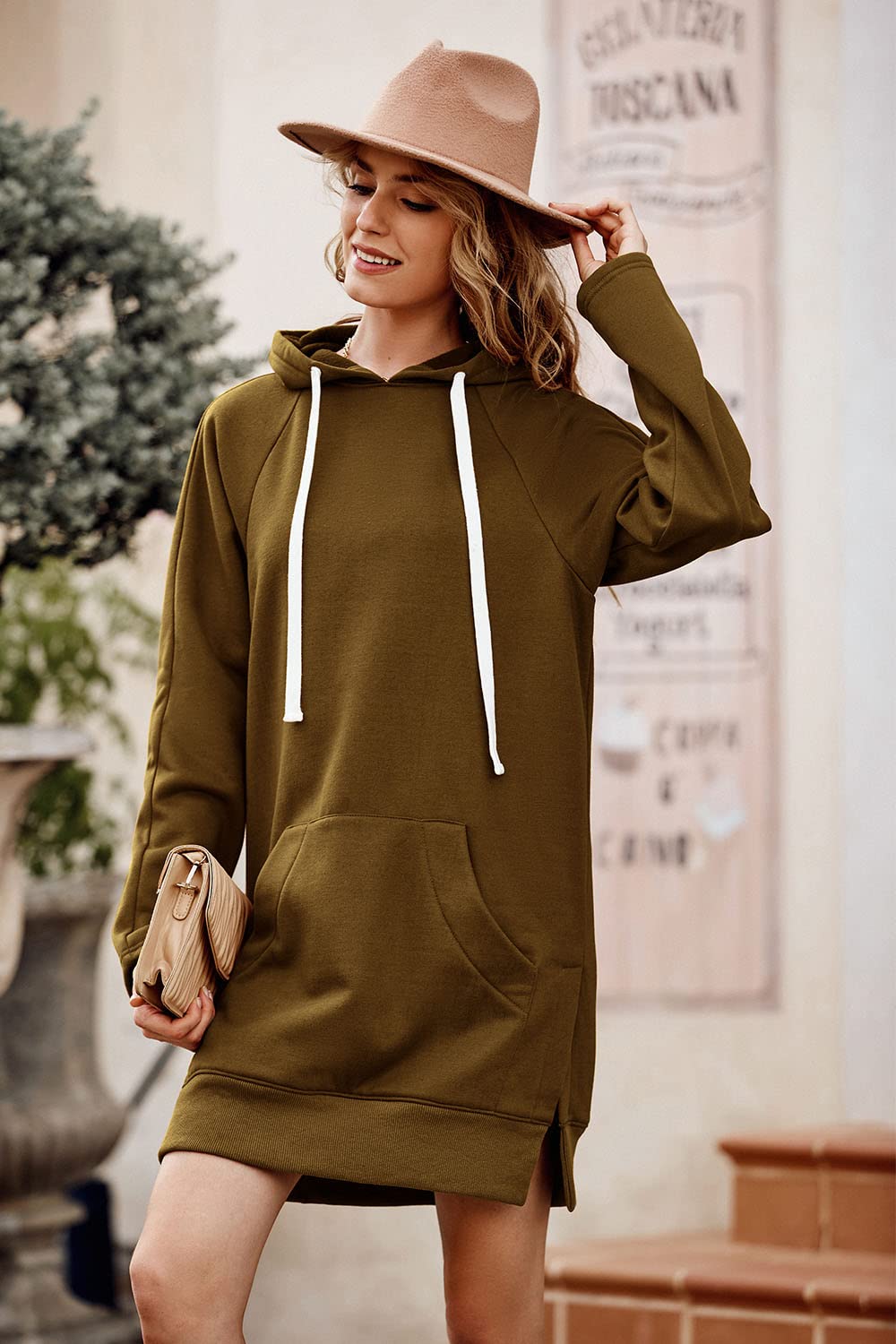 PRETTYGARDEN Women's Casual Pullover Sweatshirt Long Sleeve Split Hem Hoodie Dress with Kangaroo Pocket (Dark Khaki,X-Large)