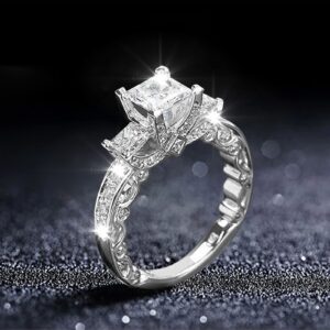 Cushion Cut Simulated Diamond Ring for Women Zircon Ring Engagement Wedding Band CZ (Silver, 10)