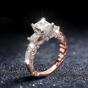 Cushion Cut Simulated Diamond Ring for Women Zircon Ring Engagement Wedding Band CZ (Rose Gold, 10)