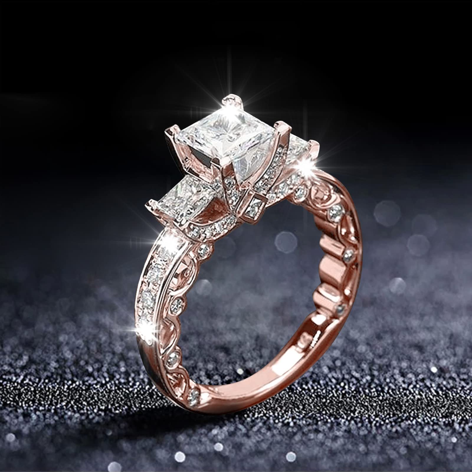 Cushion Cut Simulated Diamond Ring for Women Zircon Ring Engagement Wedding Band CZ (Rose Gold, 10)