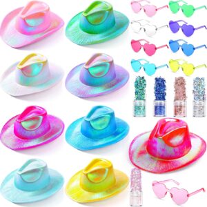 coume 23 pcs cowboy light up hat bulk flashing holographic cowgirl hats with heart sunglasses for women costume accessories(vivid color, novel style)