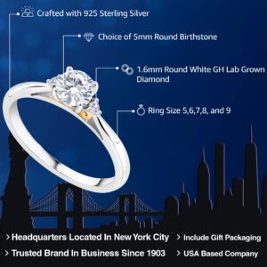 Gem Stone King 925 Sterling Silver and 10K Yellow Gold Customized and Personalized 5MM Round Gemstone Birthstone and White Lab Grown Diamond Engagement Ring For Women (Size 7)