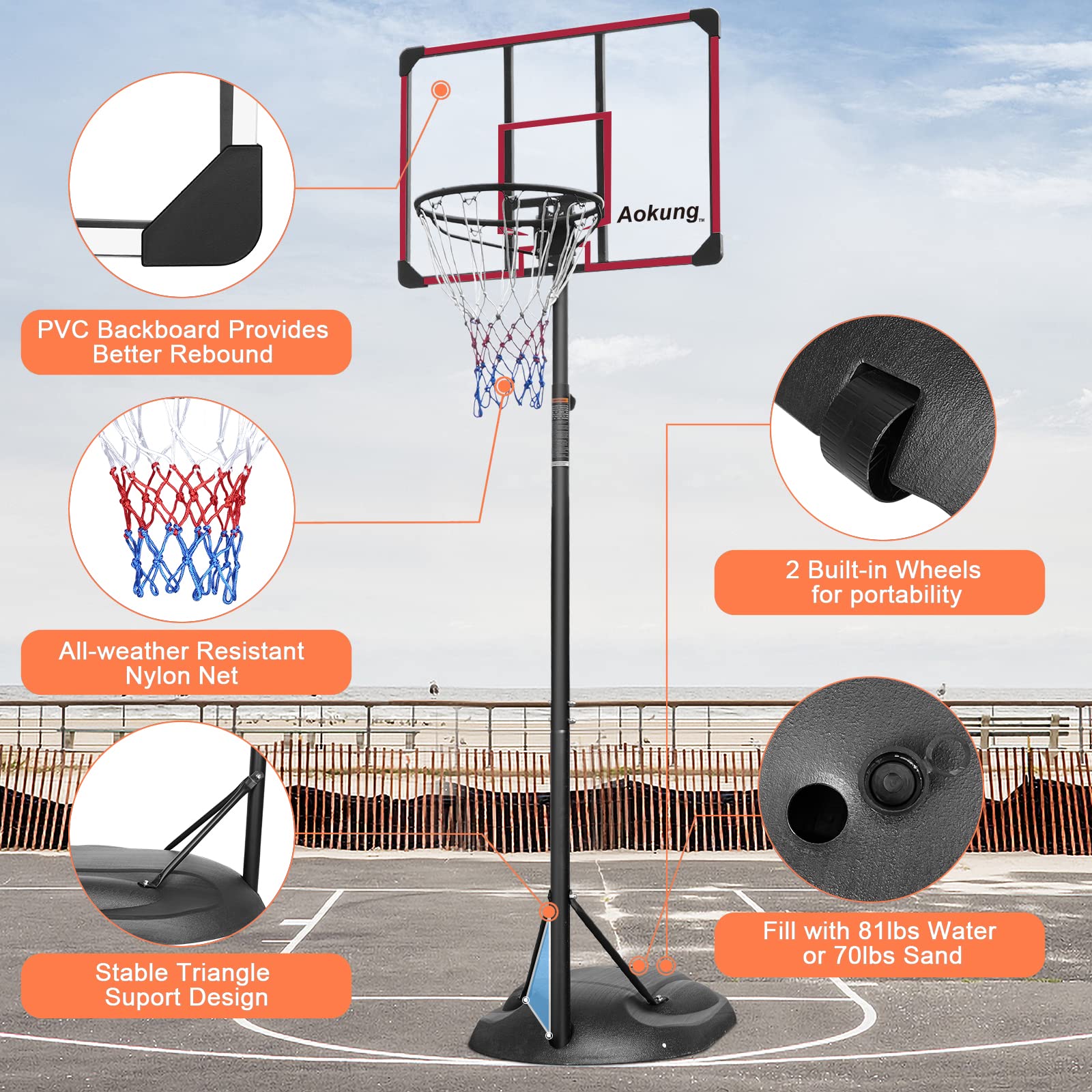 AOKUNG Teenagers Height Adjustable 7.5-9.2 'Basket 32 ''Backboard Portable Basket System for Indoor & Outdoor use, Black