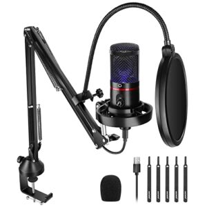 neewer usb gaming microphone, plug&play one click mute and gain, computer condenser microphone for pc mac, upgraded boom stand shock mount cool lighting for streaming twitch online chat (cm20)