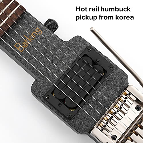 Batking Travel Electric Guitar Headless 6 String Guitar One-piece Canada maple neck through body design Double Locking Tremolo Bridge with Gigbag Black