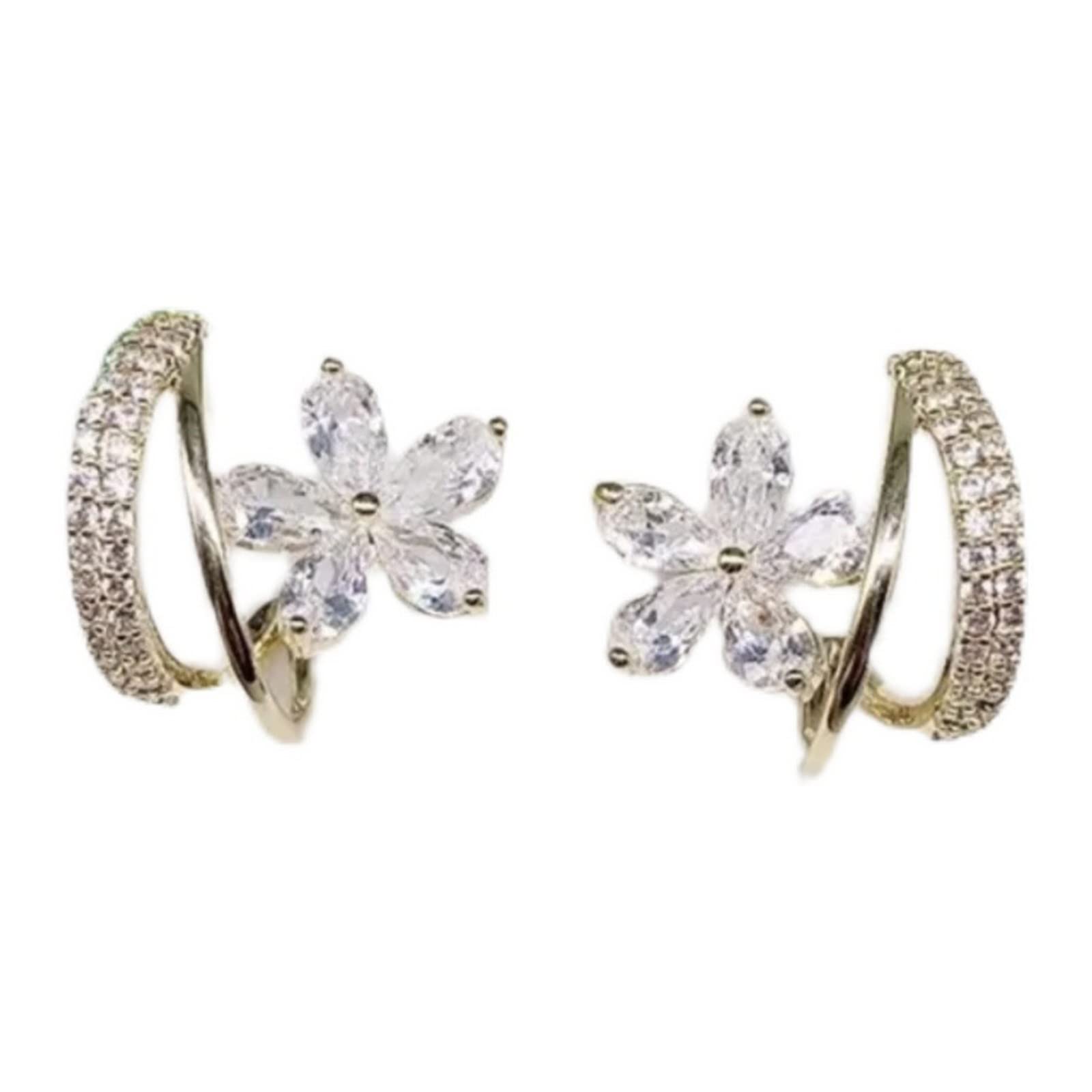 Korean Trendy Earrings Micro Encrusted With Diamonds Small C Ring Zircon Five Petal Flower Design Exquisite Earrings Silver Needles Little Earrings Earring Packs Studs And Hoops (A, One Size)