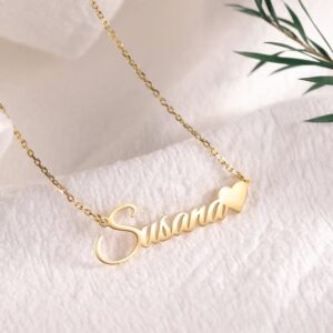 Jecivila Personalized Name Necklace with Heart 18K Gold Plated Nameplate Necklace Custom Name Customized Jewelry Gift for Women