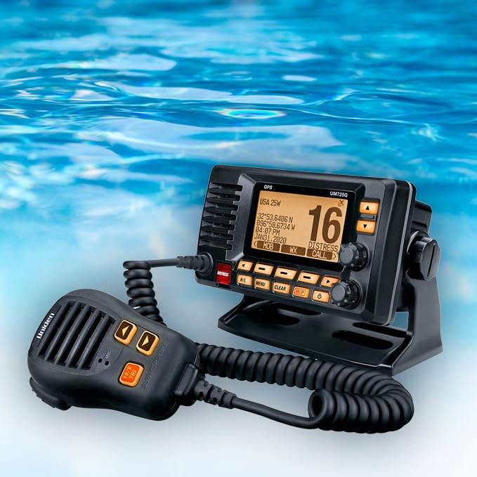 Uniden UM725GBK Marine VHF Radio, All USA, Canada, and Intl. Marine Channels, 1Watt/25Watt Transmit Power, Largest LCD Screen in Class, NOAA Weather Channels w/Alerts, Speaker Mic, GPS Built-in.