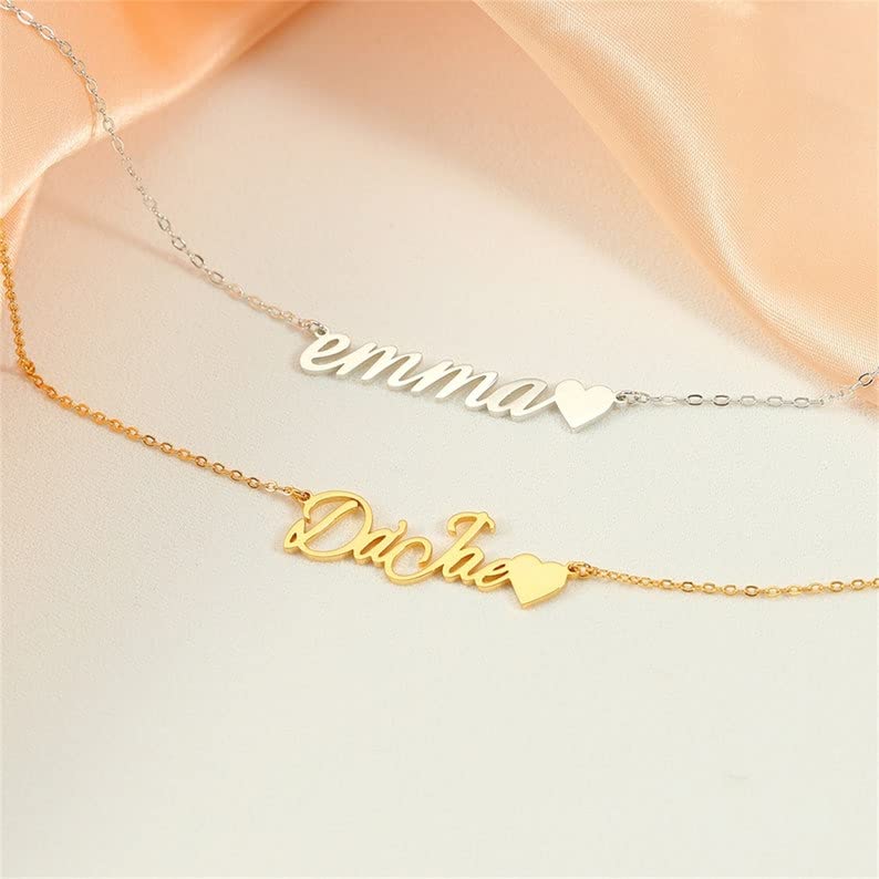 Jecivila Personalized Name Necklace with Heart 18K Gold Plated Nameplate Necklace Custom Name Customized Jewelry Gift for Women