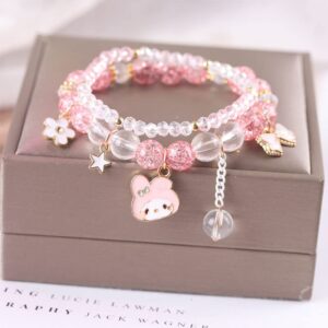 ANZWTLOYY Kawaii Melody Bracelets Y2k Cute Cartoon Bunny Rabbit Elastic Crystal Beaded Bracelets Layered Stretch Beads Women (Pink)