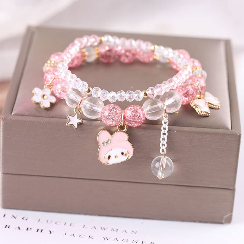 ANZWTLOYY Kawaii Melody Bracelets Y2k Cute Cartoon Bunny Rabbit Elastic Crystal Beaded Bracelets Layered Stretch Beads Women (Pink)