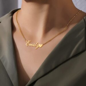 Jecivila Personalized Name Necklace with Heart 18K Gold Plated Nameplate Necklace Custom Name Customized Jewelry Gift for Women