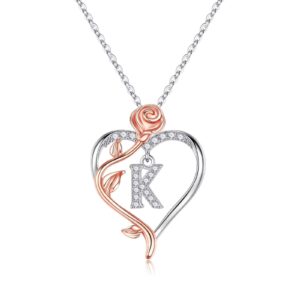 yesteel rose heart initial necklaces gifts for women teen girls, rose love heart letter pendant necklace jewelry mothers day valentines anniversary birthday gifts for her women wife girlfriend mom