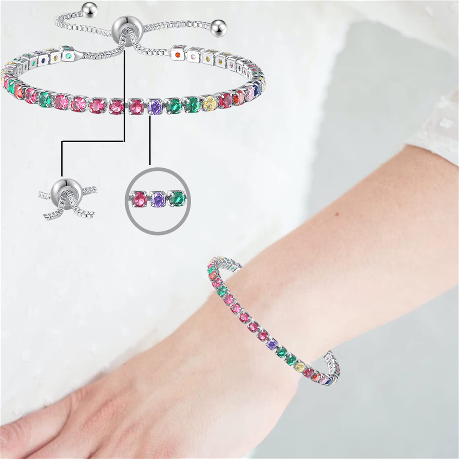 Vispayi Rainbow Cubic Zirconia Bracelet, Cubic Zirconia Classic Tennis Bracelet, Adjustable Tennis Bracelets for Women Teen Girls