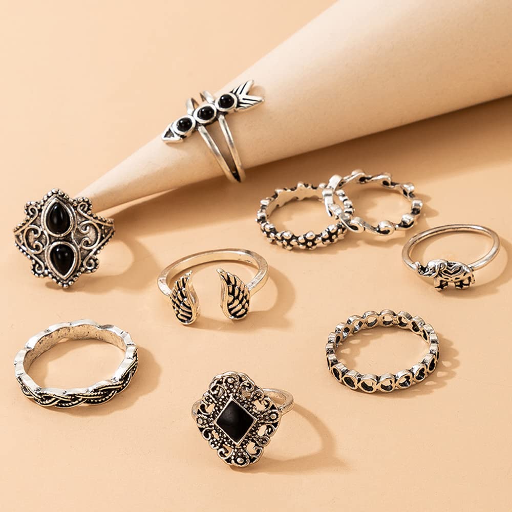 Octwine Dainty Black Knuckle Rings Goth Bohemian Open Rings Set Jewelry Rings Accessory for Women and Girls(9 pcs)