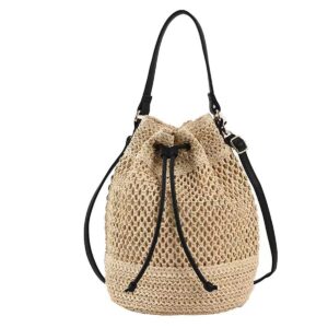 wiguyun women straw drawstring bucket purse small tote shoulder handbag hollow out cross-body bag for summer,beach beige