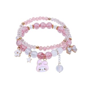 anzwtloyy kawaii melody bracelets y2k cute cartoon bunny rabbit elastic crystal beaded bracelets layered stretch beads women (pink)