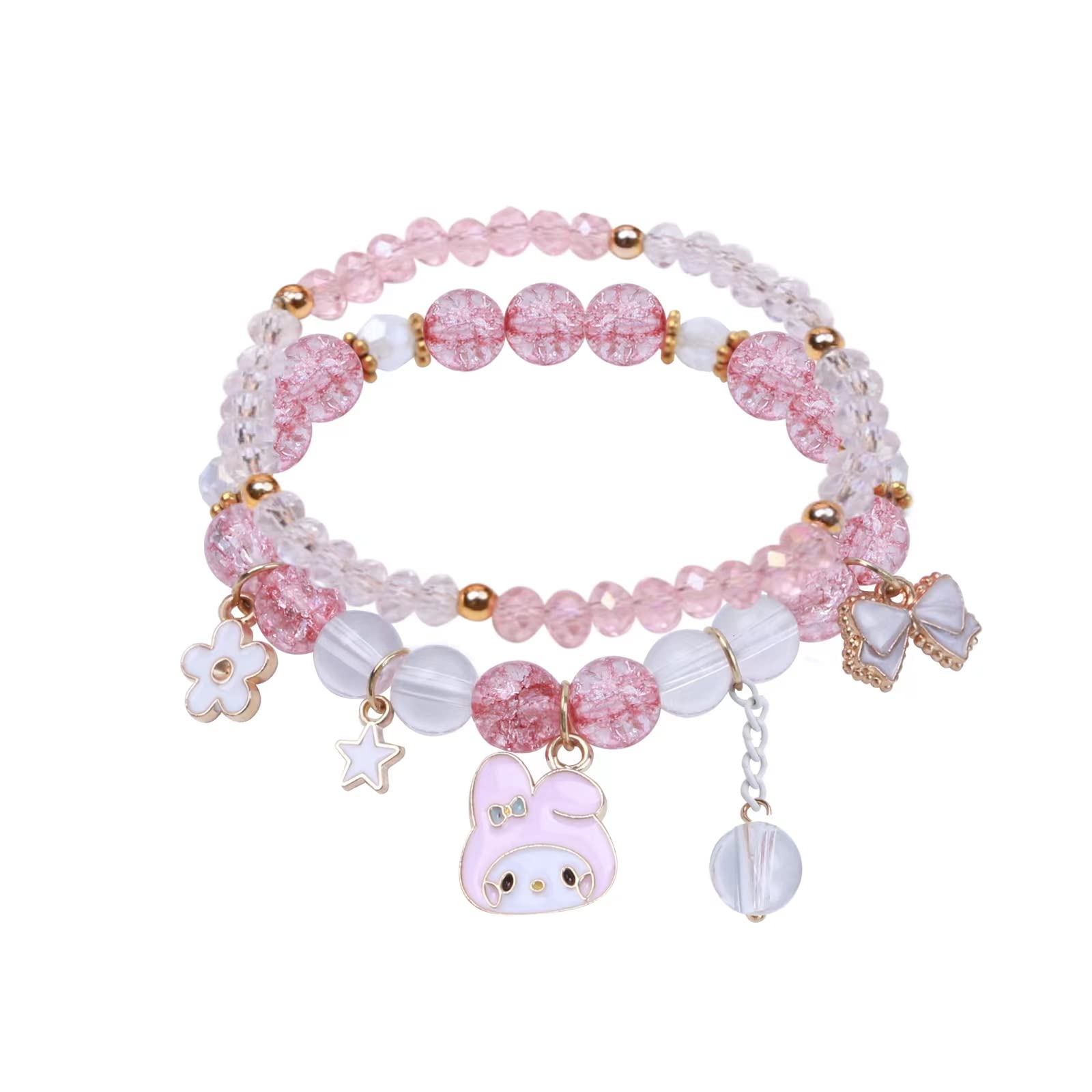 ANZWTLOYY Kawaii Melody Bracelets Y2k Cute Cartoon Bunny Rabbit Elastic Crystal Beaded Bracelets Layered Stretch Beads Women (Pink)