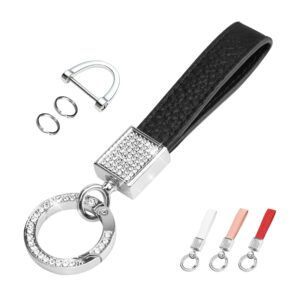 qbuc bling genuine leather car keychain for women key fob holder accessories with sparkly rhinestones, 360-degree rotatable swivel, anti-lost d-ring, 2 keyrings (black)