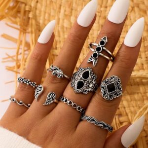 octwine dainty black knuckle rings goth bohemian open rings set jewelry rings accessory for women and girls(9 pcs)