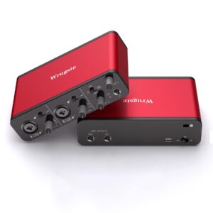 wrugste usb audio interface(24bit/192khz)+48v phantom power for recording podcasting and streaming,ultra-low latency,plug and play,noise-free,red color xlr audio interface,no software included