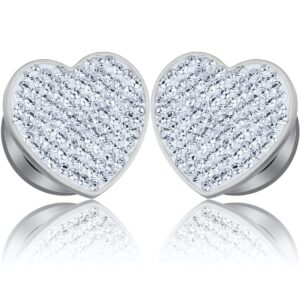 lademayh 2 pcs heart with rhinestones ear plugs tunnels gauges for women - silver stainless steel 316l body piercing basic earrings for stretched earlobe 16mm=5/8"