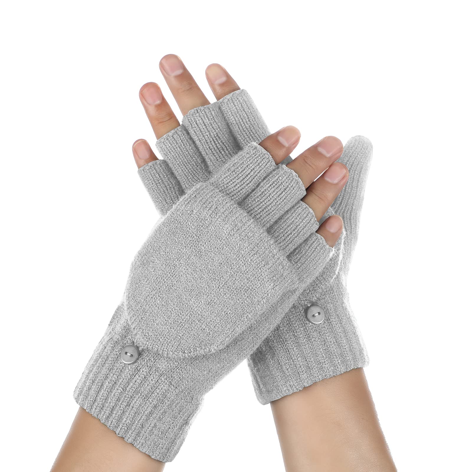 Achiou Winter Fingerless Gloves for Men Women, Convertible Warm Half Finger Mitten Gloves Flip Top, Knitted Clamshell Gloves