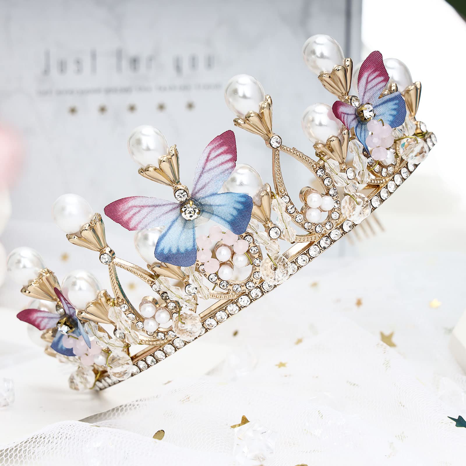 Makone Girls Tiara Butterfly Princess Crown with Comb Gold Pearl Headband Rhinestone Hair Accessories for Halloween Birthday Wedding Bridal Prom Christmas Gifts