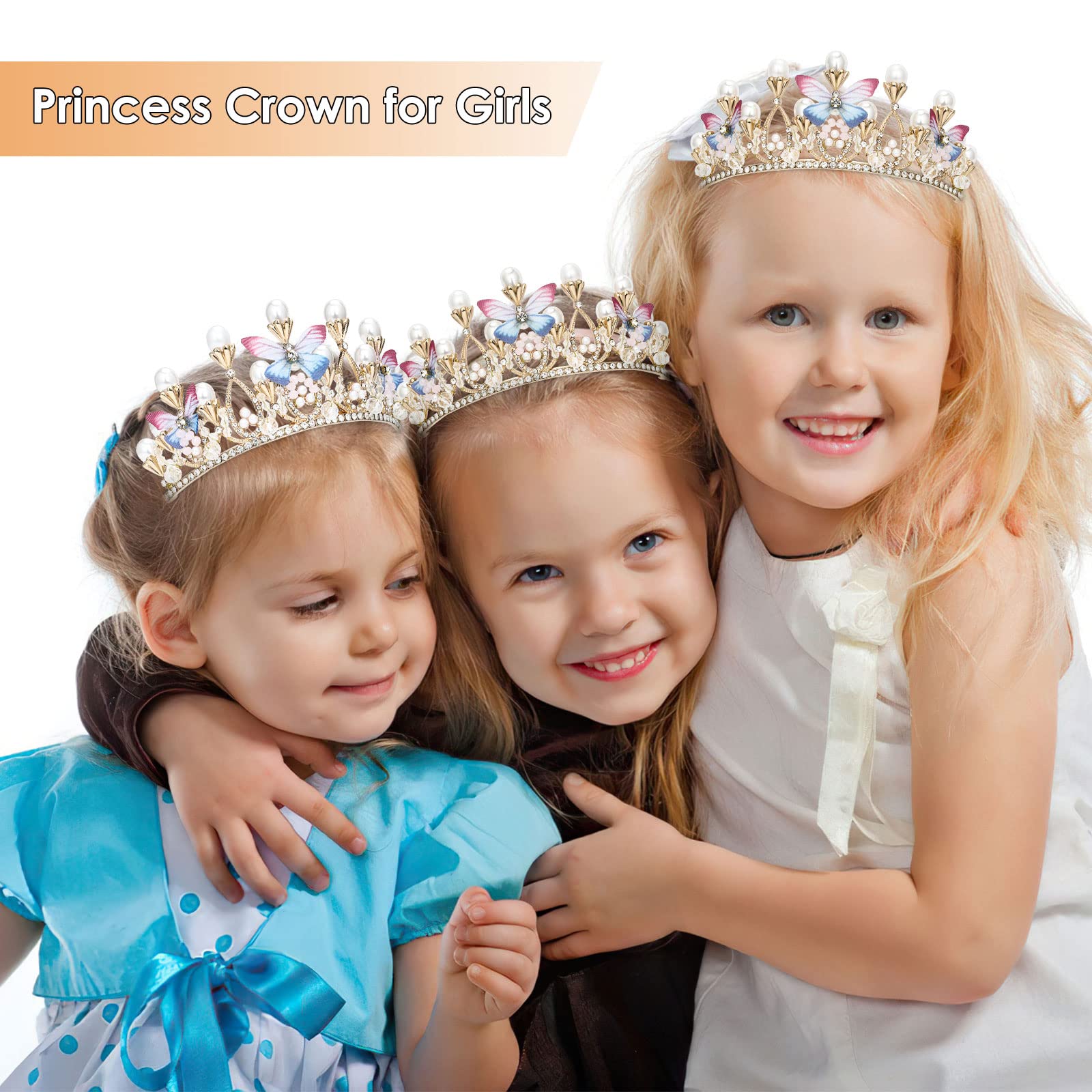 Makone Girls Tiara Butterfly Princess Crown with Comb Gold Pearl Headband Rhinestone Hair Accessories for Halloween Birthday Wedding Bridal Prom Christmas Gifts