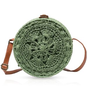 qtkj summer beach bag, handwoven straw bag, round hard case beach tote leather shoulder strap designer handbags for women shoulder messenger bag (green)