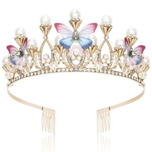 makone girls tiara butterfly princess crown with comb gold pearl headband rhinestone hair accessories for halloween birthday wedding bridal prom christmas gifts