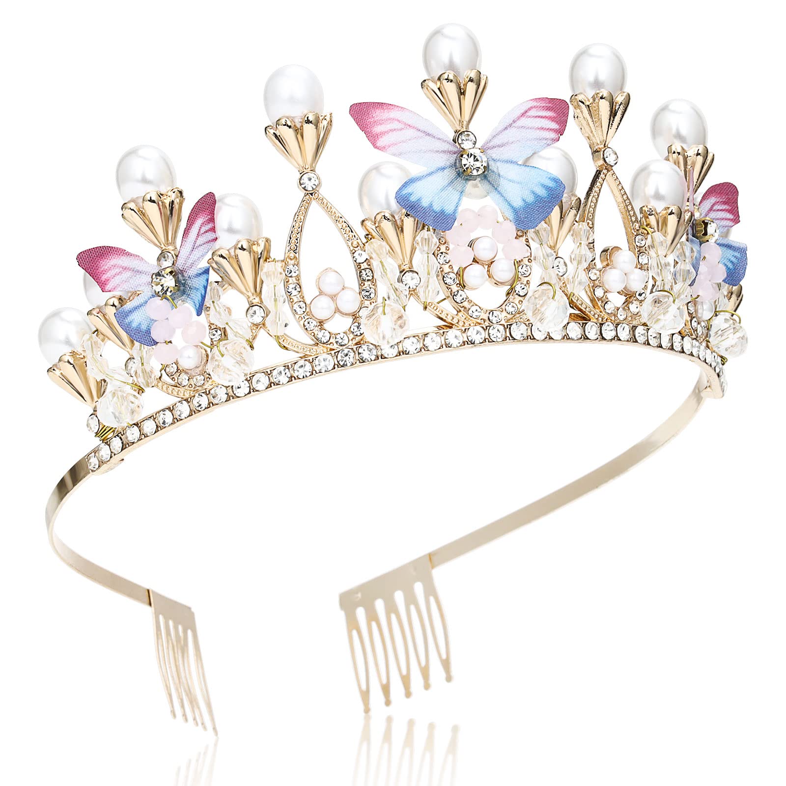 Makone Girls Tiara Butterfly Princess Crown with Comb Gold Pearl Headband Rhinestone Hair Accessories for Halloween Birthday Wedding Bridal Prom Christmas Gifts