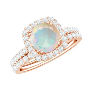 ethiopian opal moissanite wedding ring set, aaa quality certified 8mm round opal bridal ring set - with jewelry box, 14k rose gold, size:us 7.00