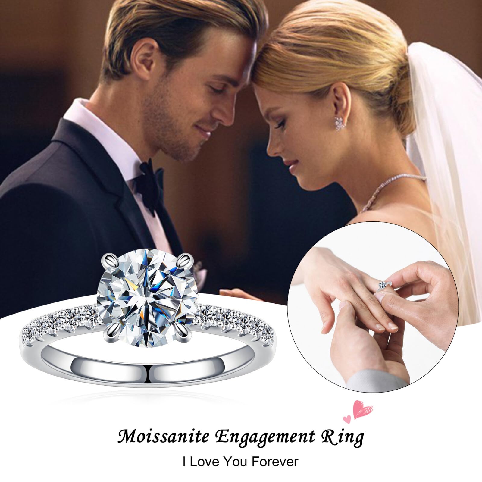 SMILEST Moissanite Engagement Rings for Women, 1.5CT Round D Color VVS1 Clarity Solitaire Moissanite Rings Solid 925 Sterling Silver Four Prongs Moissanite Promise Rings for Women Jewelry Gifts