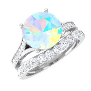 certified opal moissanite wedding ring set, aaa quality, natural 8mm round ethiopian opal bridal ring set - ready to gift, 14k white gold, size:us 9.00