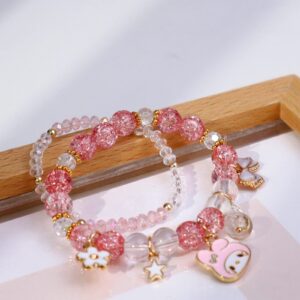 ANZWTLOYY Kawaii Melody Bracelets Y2k Cute Cartoon Bunny Rabbit Elastic Crystal Beaded Bracelets Layered Stretch Beads Women (Pink)